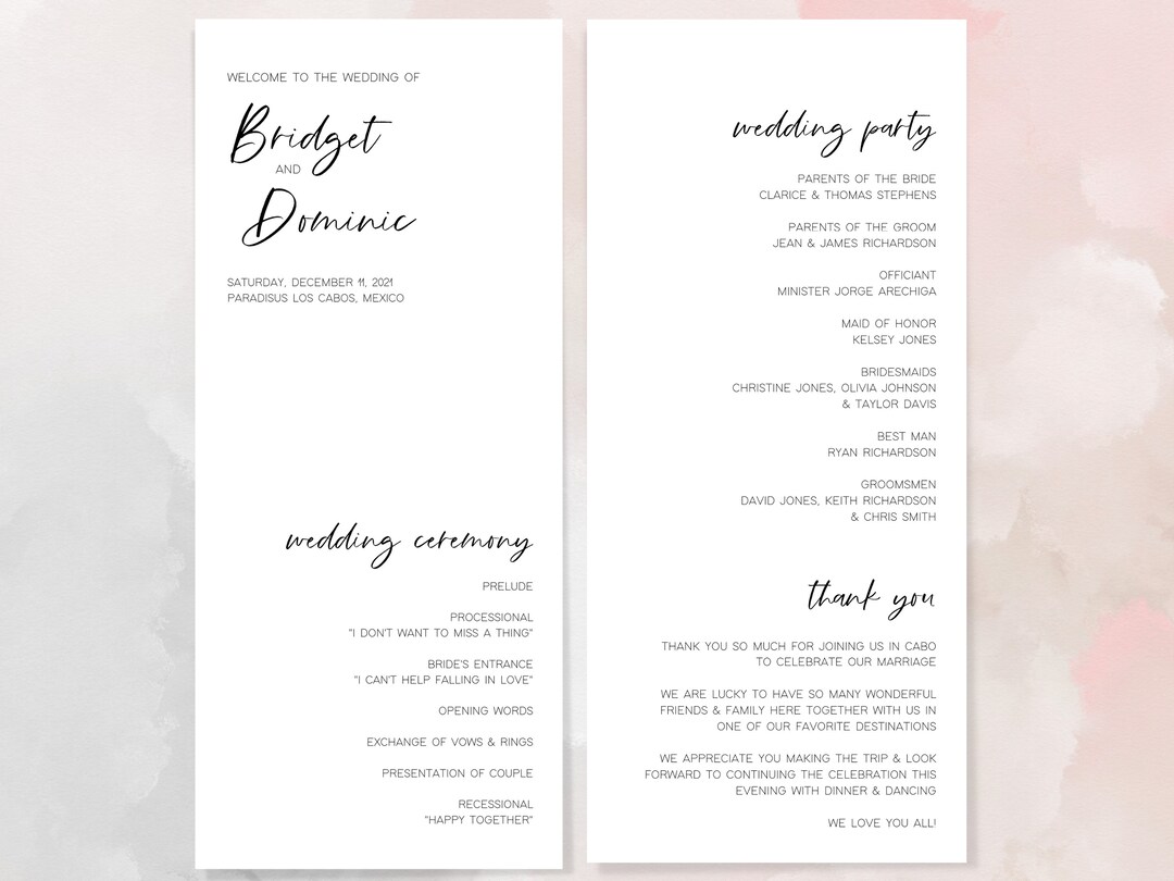 BRIDGET | Modern Wedding Program Card, Wedding Program Template, Black ...