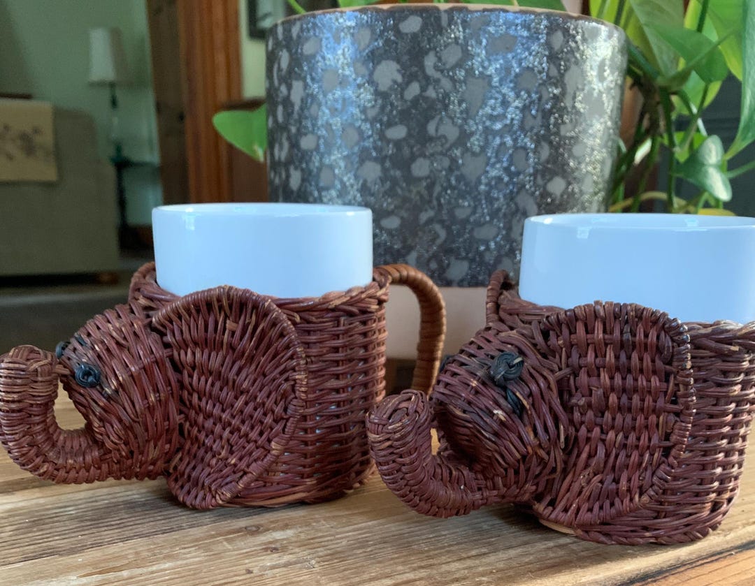 Vintage Wicker Elephant Cups- Cup Holder With Cup Set of Two 1970's ...