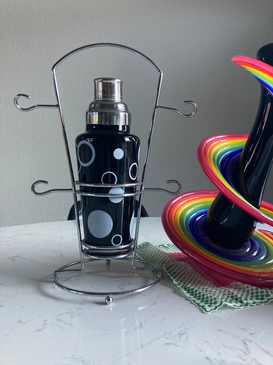 Retro Cocktail Shaker With Stand - Black Polka Dot Pattern Martini ...
