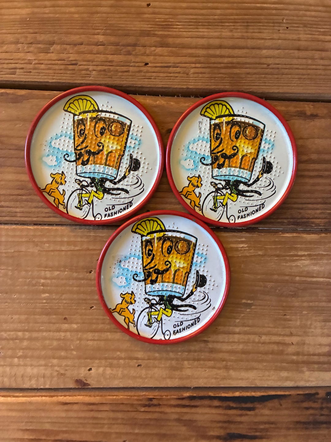Vintage Coasters- Set of 3 Tin Litho Coasters Old Fashioned Cocktail ...