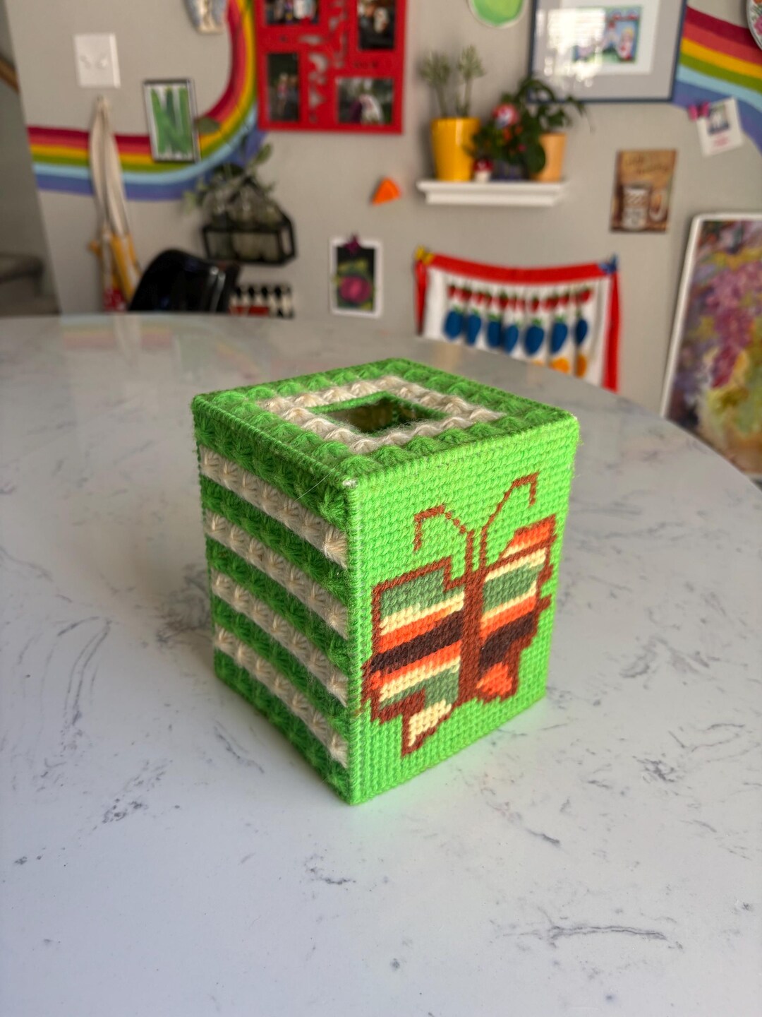 Retro Needlepoint Tissue Box Cover - Butterfly Tissue Box Cover Vintage ...