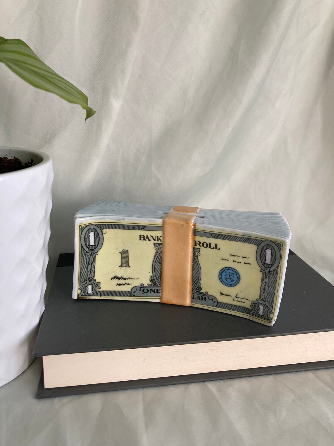 Vintage Dollar Bill Coin Bank - Ceramic Money Stack of Bills Coin Piggy ...