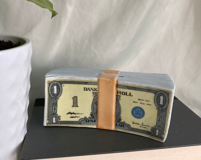 Vintage Dollar Bill Coin Bank - Ceramic Money Stack of Bills Coin Piggy ...
