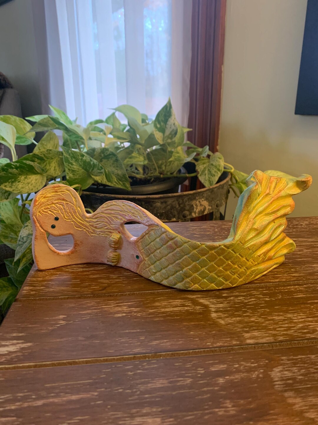 Mermaid Statue- Hand Made Pottery Mermaid Pale Green and Yellow Shelf ...