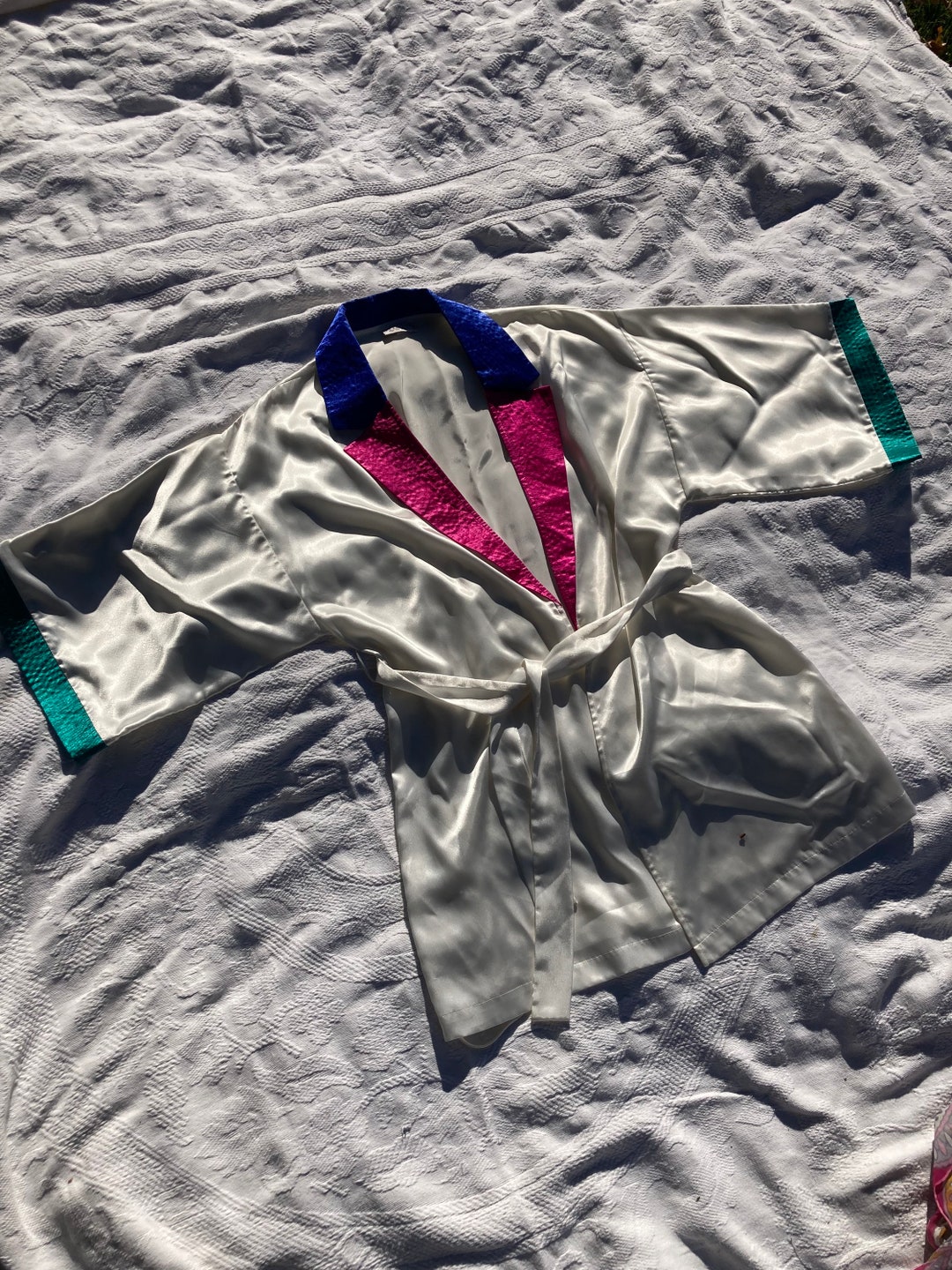 Colorblock Satin Robe - Val Mode Lingerie 1980s Robe White Satin ...