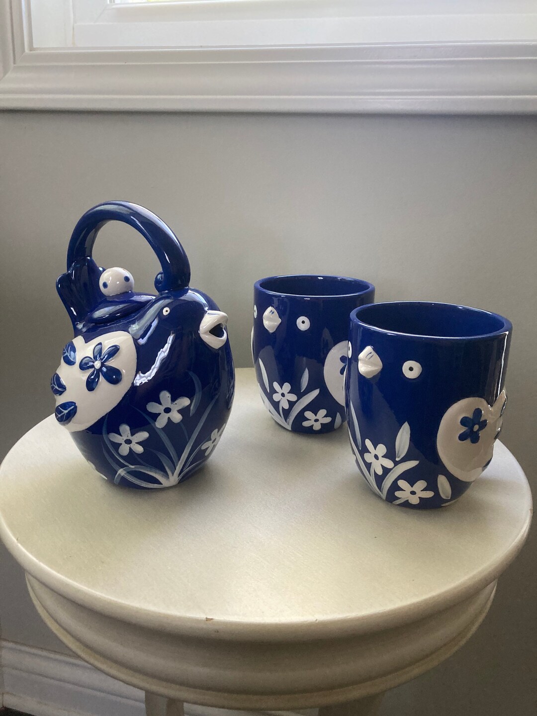 Handpainted Blue Chicken 3 Piece Tea Set Ceramic Hen Rooster Tea Set ...