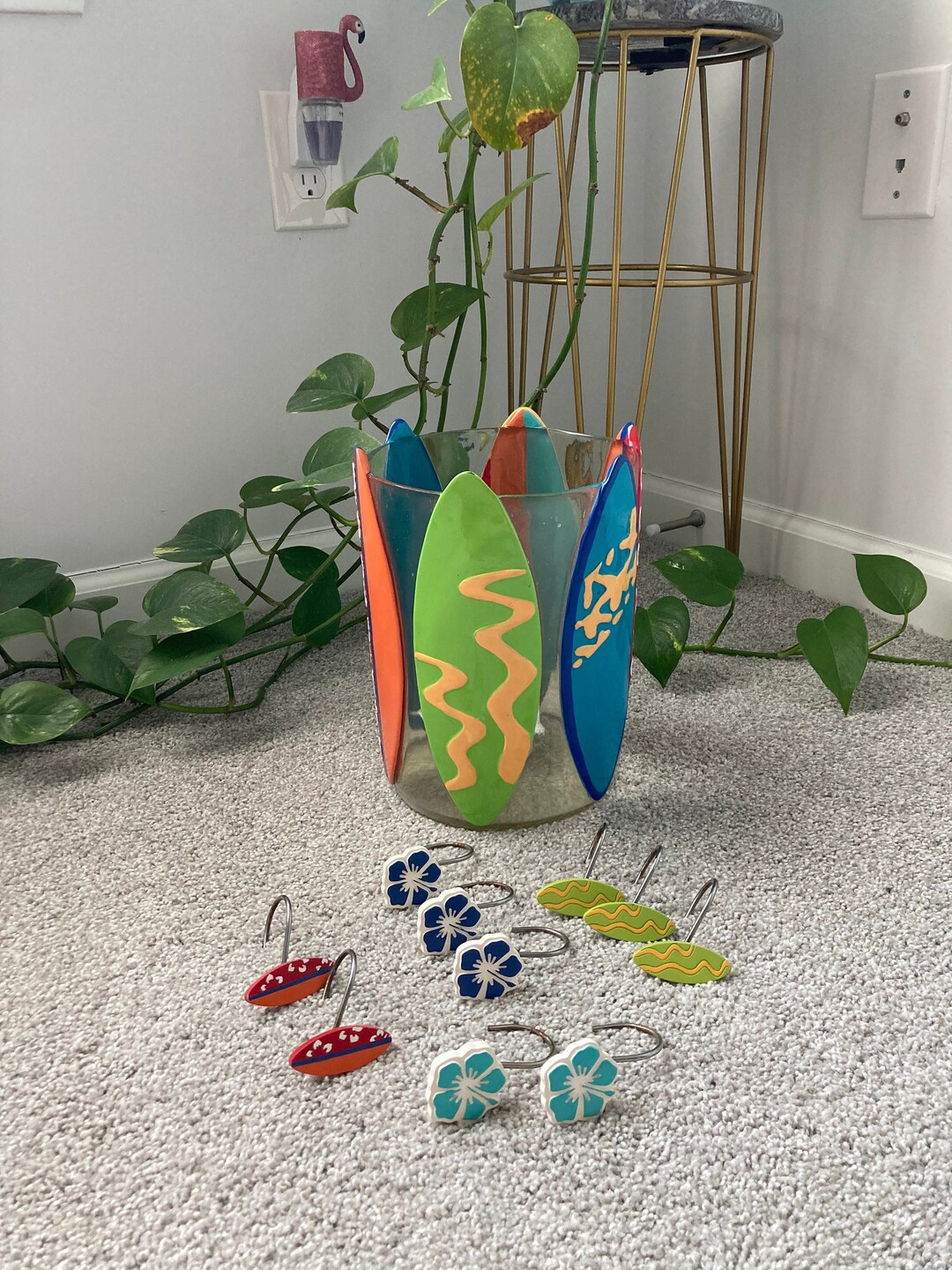 Plastic Surfboard Trash Can and Surf Shower Hooks Bathroom Trash Can ...