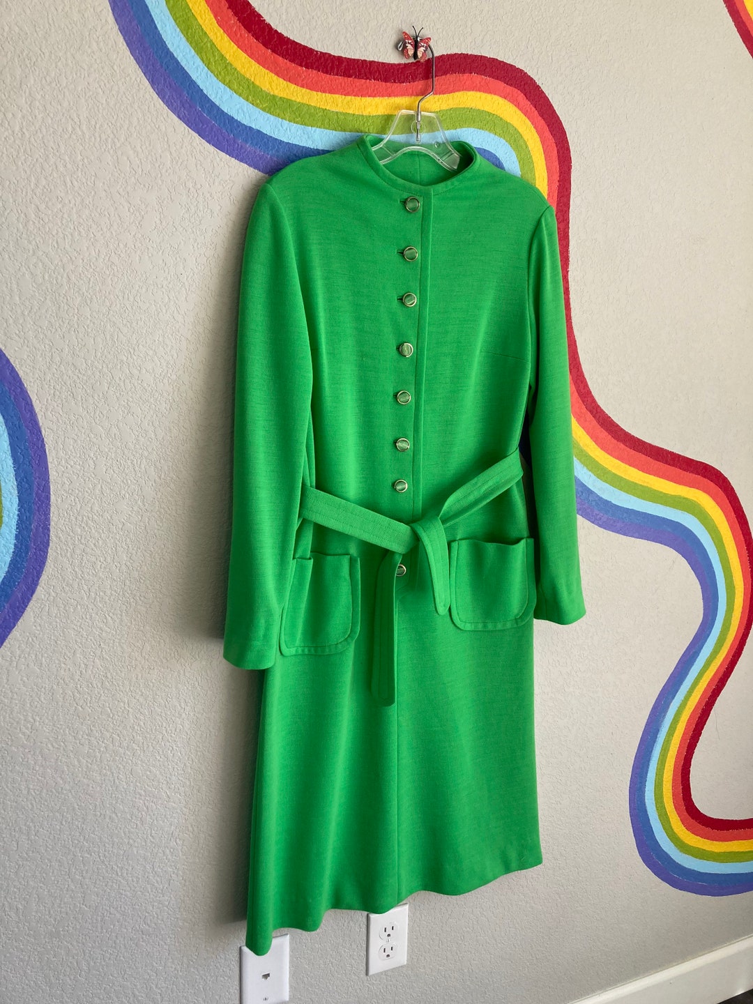 Vintage Green Knit Button Front Dress With Belt - Bright Green MCM ...