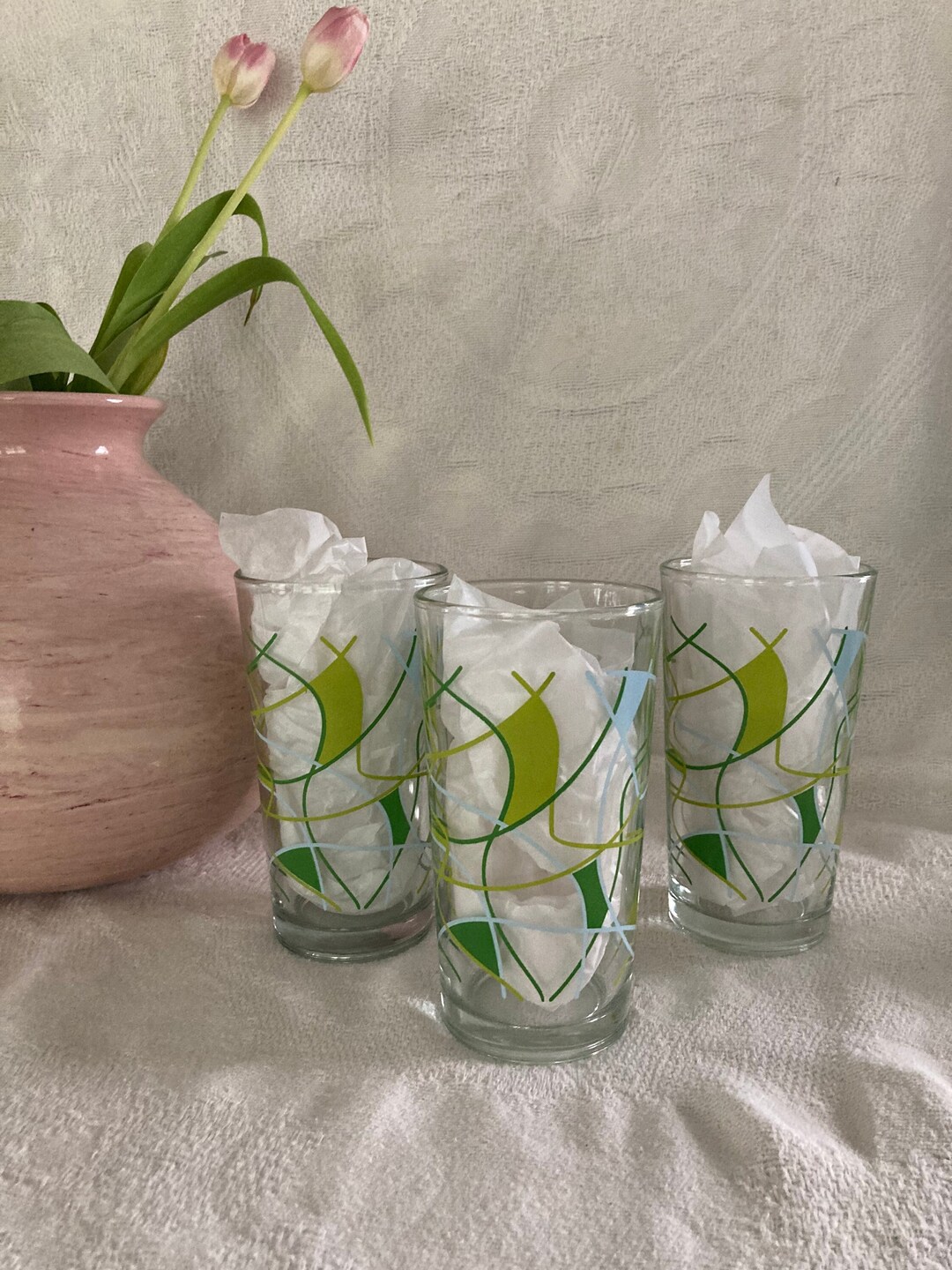 Set of 3 Green Squiggle Print Tumbler Glasses Rare 1970's Funky ...