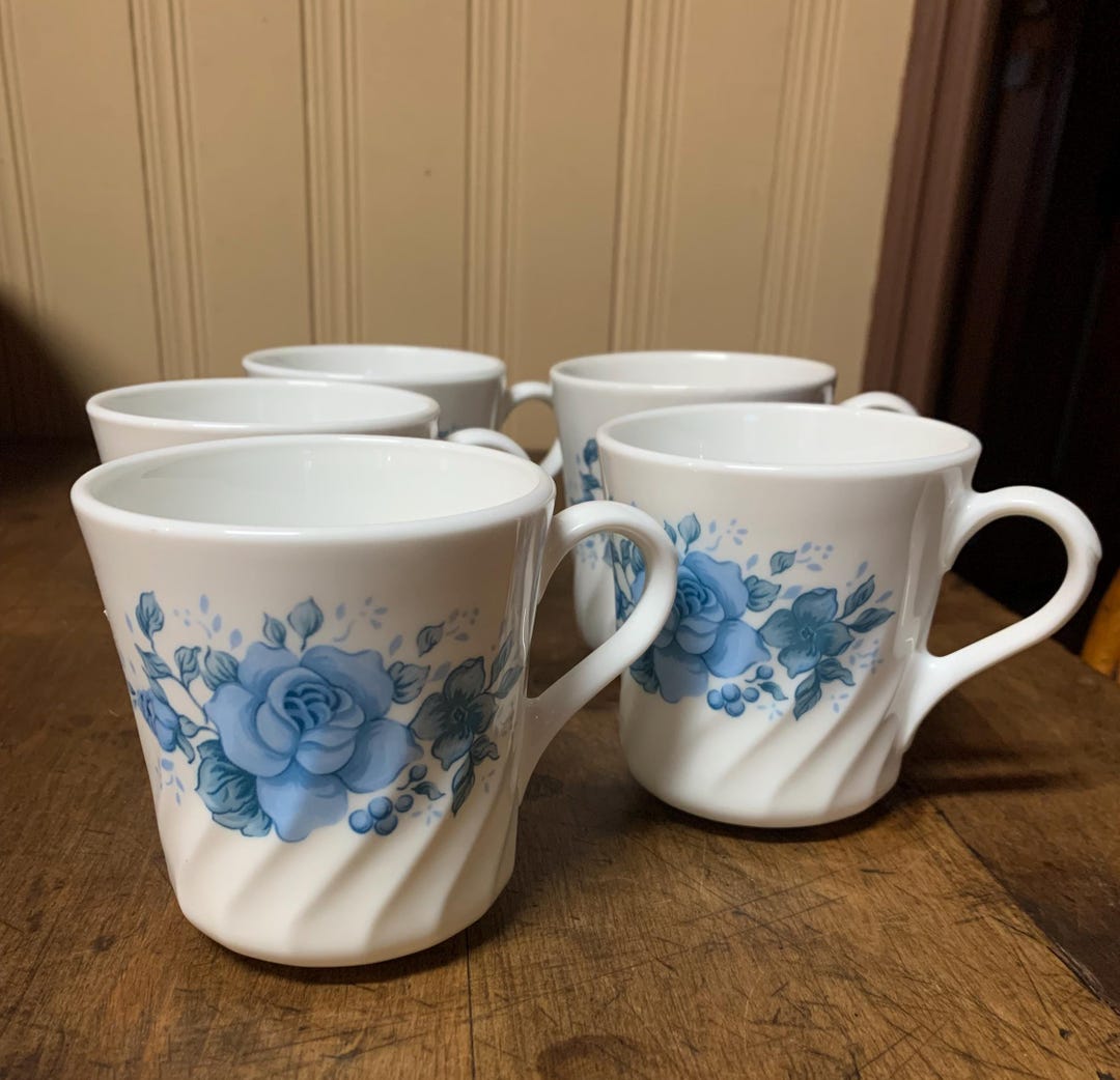 Corning Blue Velvet Rose Swirl Mugs- Set of 5 Corelle Mugs Coffee Tea ...