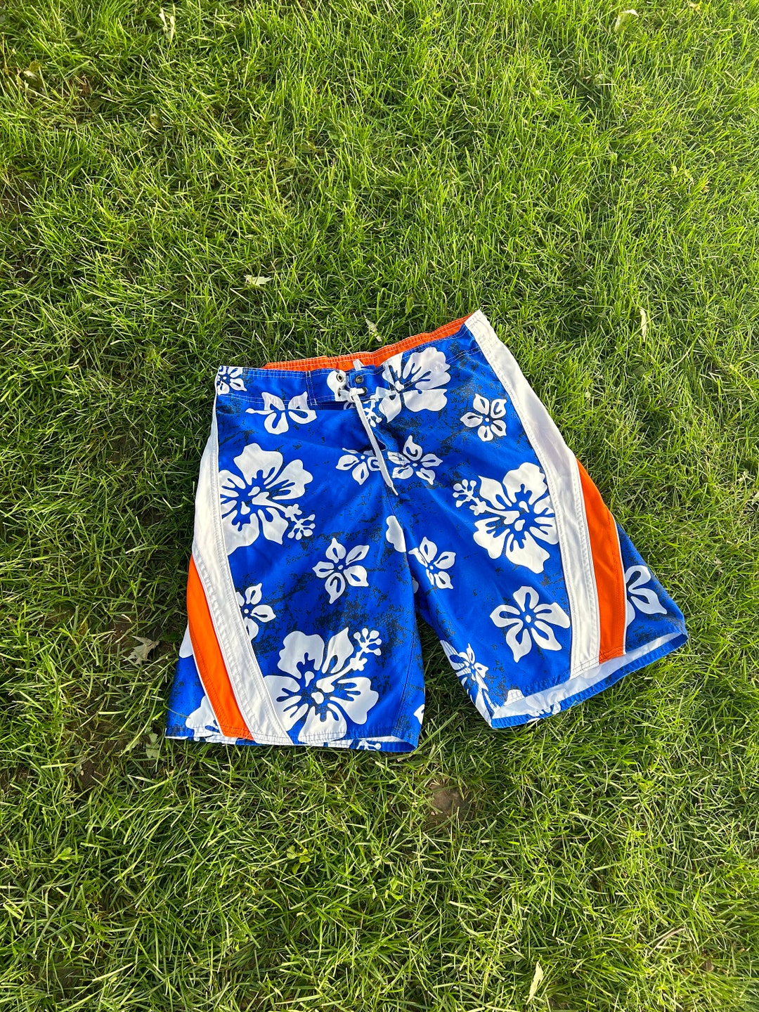 Y2K Blue Floral Swim Trunks - Vintage No Boundaries Mens Swim Trunks ...