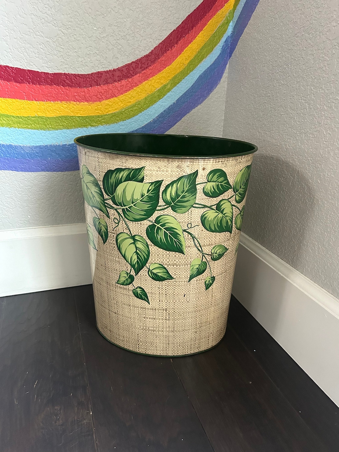 Decoware Green Ivy Vine Waste Basket Vintage Trash Bin Vintage Metal ...