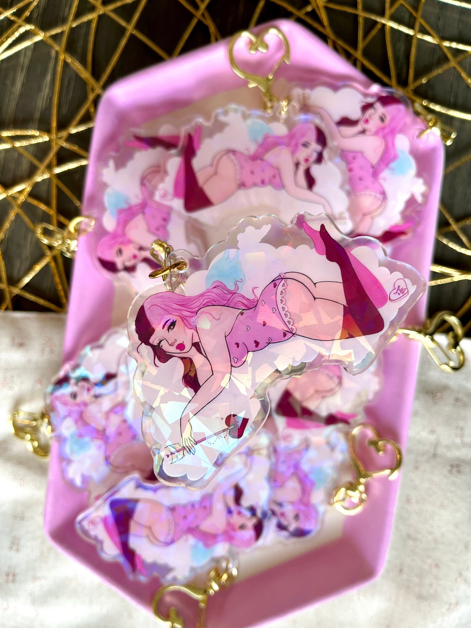 Holographic Love Fairy Keychain, Cupid Art, Gold Heart Clasp - Etsy