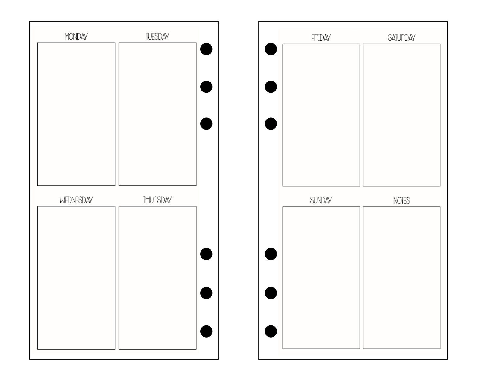 A6 Sheets for 6 Rings Binder / Vertical Weekly View / Week on 2 Pages ...