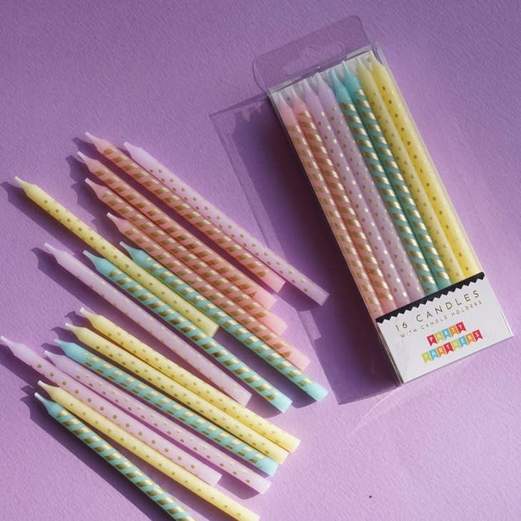 Tall Pastel Metallic Patterned Candles set of 16 Stylish Cake Candles ...