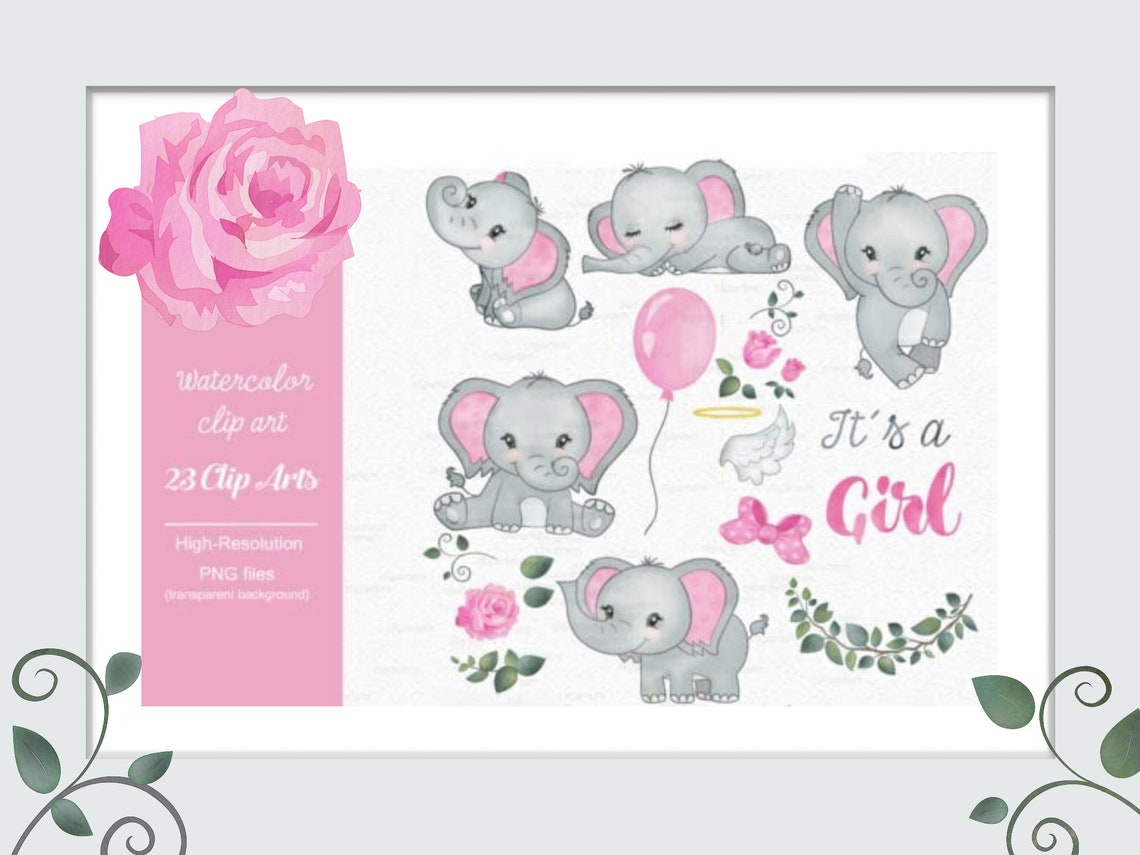 Elephant Baby Shower Clipart, Watercolor Baby Shower Clipart, Elephant ...