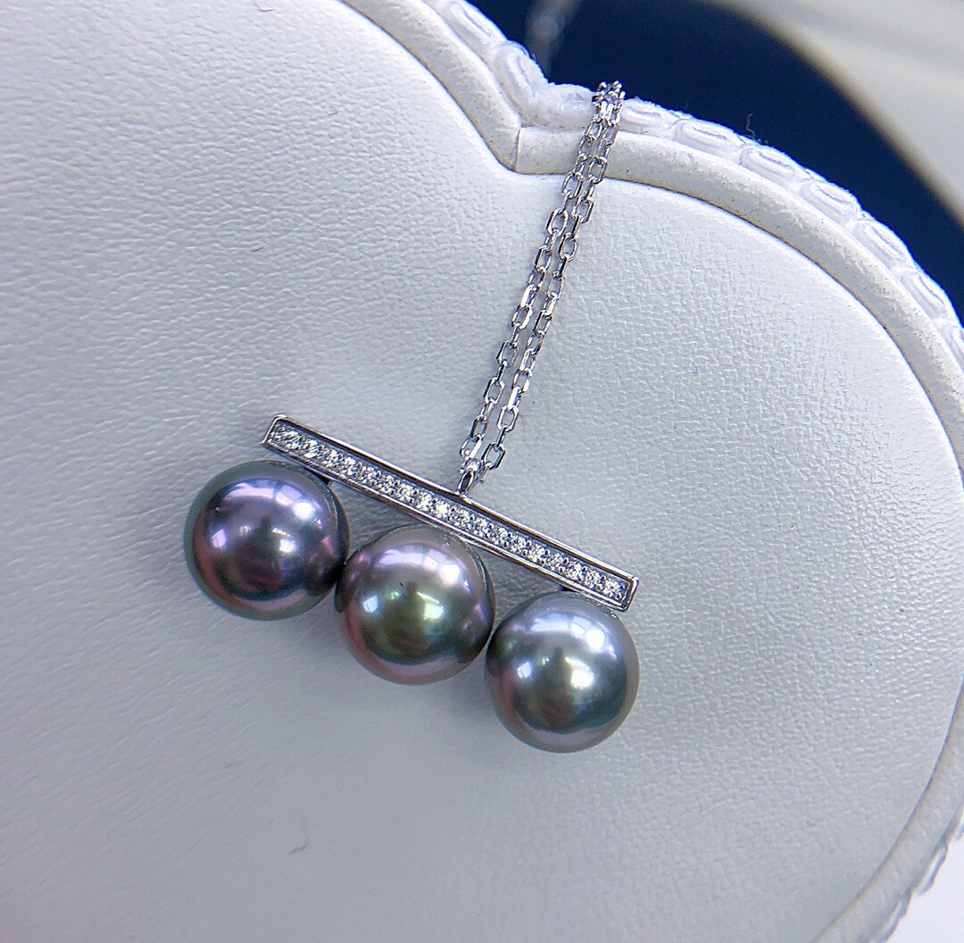 8.5mm-9.5mm Three Tahitian Pearls Balance Bar Necklace Multicolored ...