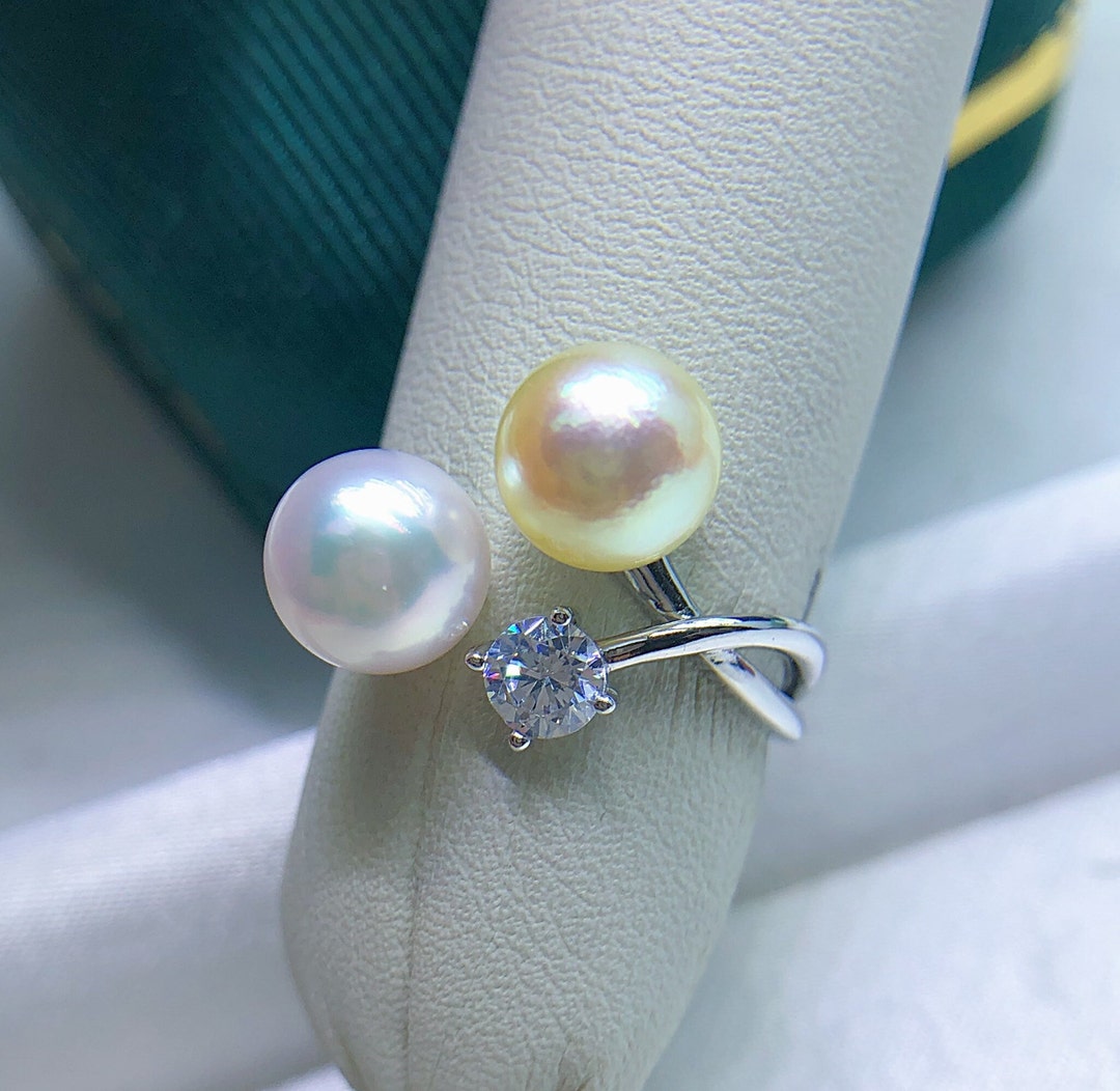 8mm Double Akoya Pearl Ring Akoya White Pearl Golden Pearl Ring Very ...