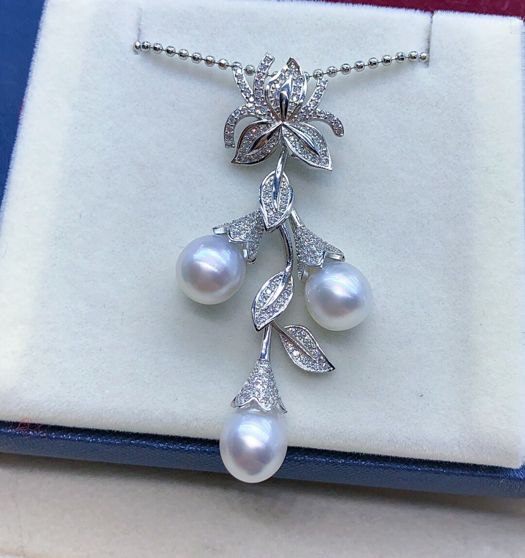 9mm Three South Sea White Pearls Pendant Bright Cool White Color Very ...