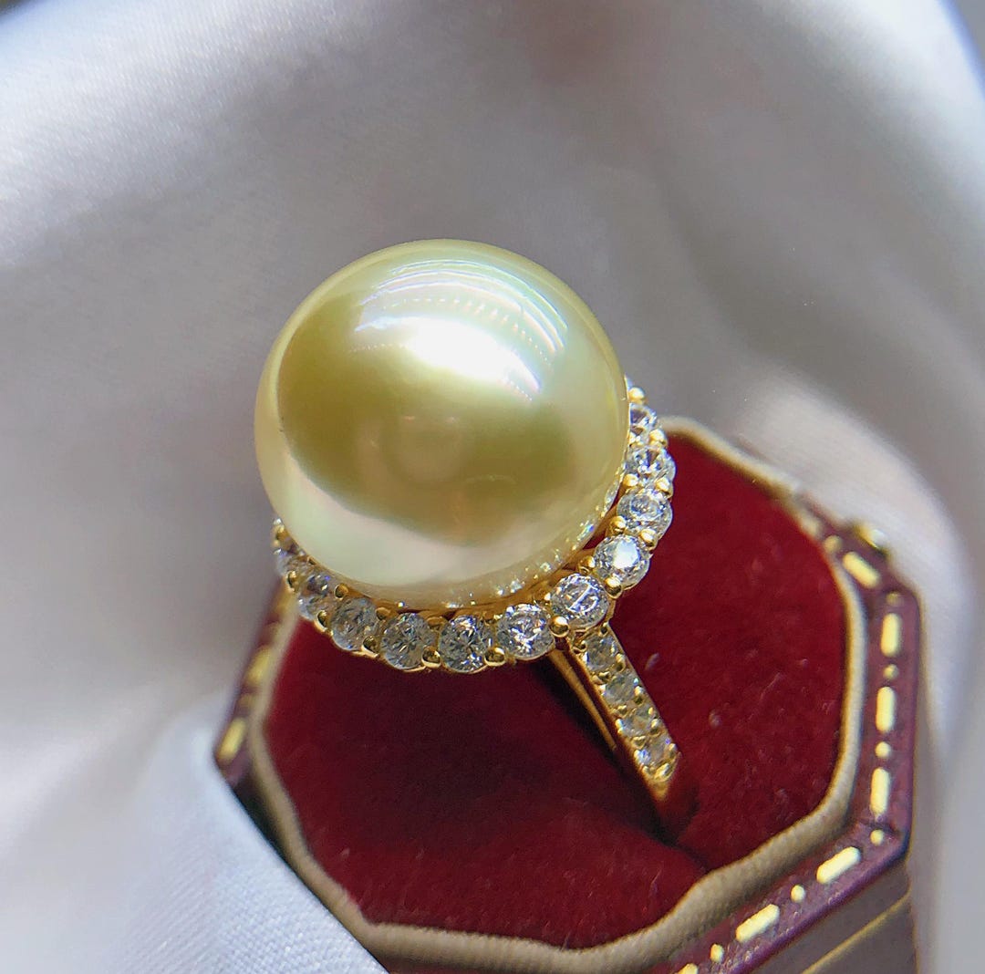 13.6mm Big South Sea Golden Pearl Ring Bright Sunny Gold Color Very ...
