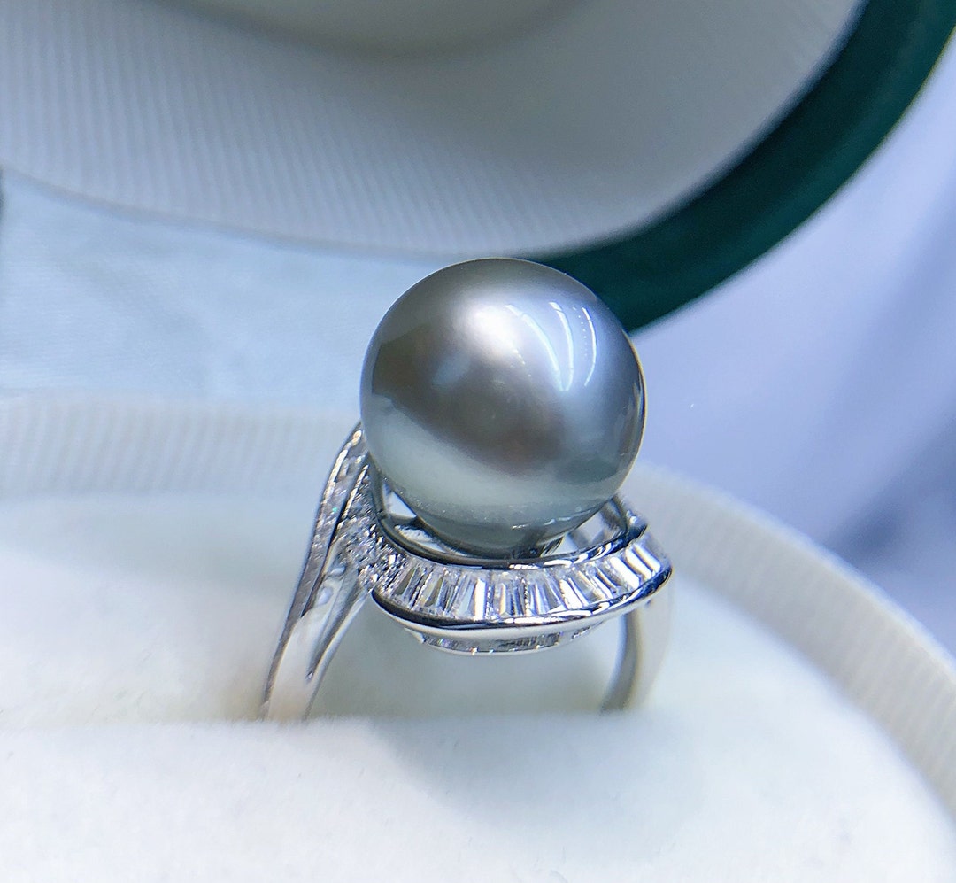 12mm Big Tahitian Gray Pearl Ring Beautiful Pastel Silvery Gray Color ...