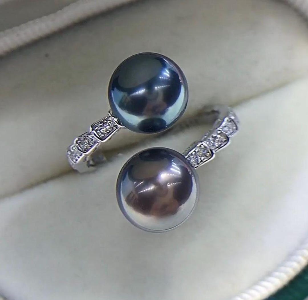 9mm-9.5mm Double Pearl Ring Tahitian Blue Pearl Brown Pearl Open End ...