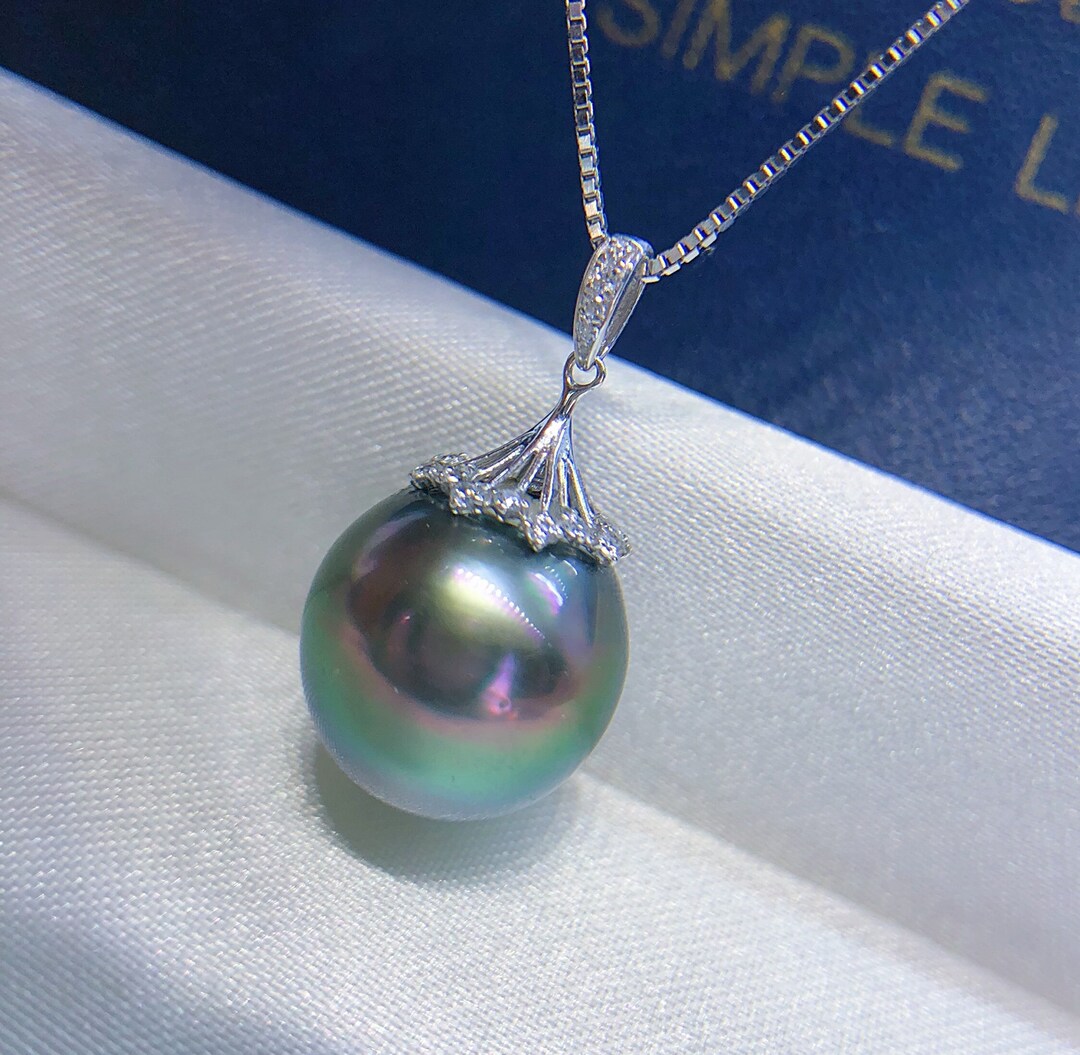 11.9mm Big Tahitian Green Pearl Pendant Vivid Peacock Green Color ...