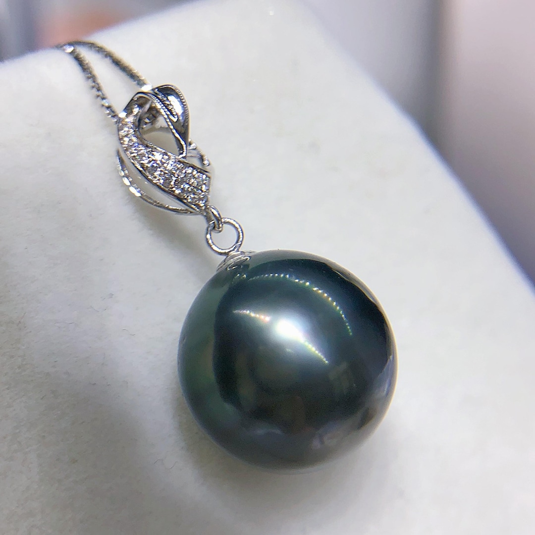 13.7mm Big Tahitian Green Pearl Pendant Intense Black Green Color 18k ...