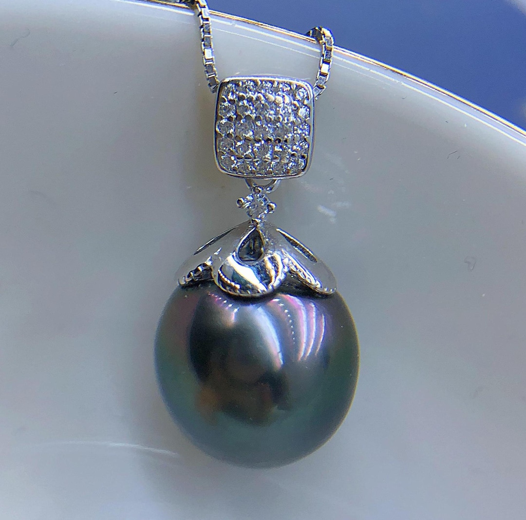 12.3mm Tahitian Green Pearl Pendant Intense Peacock Green Color Super ...