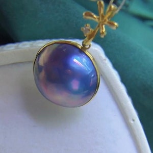 16.5mm Saltwater Metallic Blue Mabe Pearl Pendant 18k Yellow Gold High ...