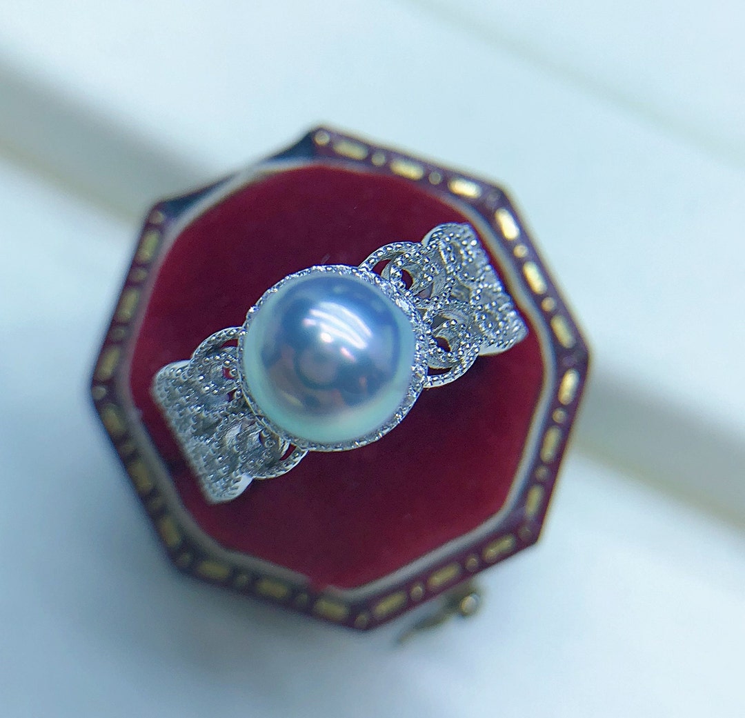 7.5mm Akoya Blue Gray Pearl Ring Sterling Silver Ring Open End Very ...