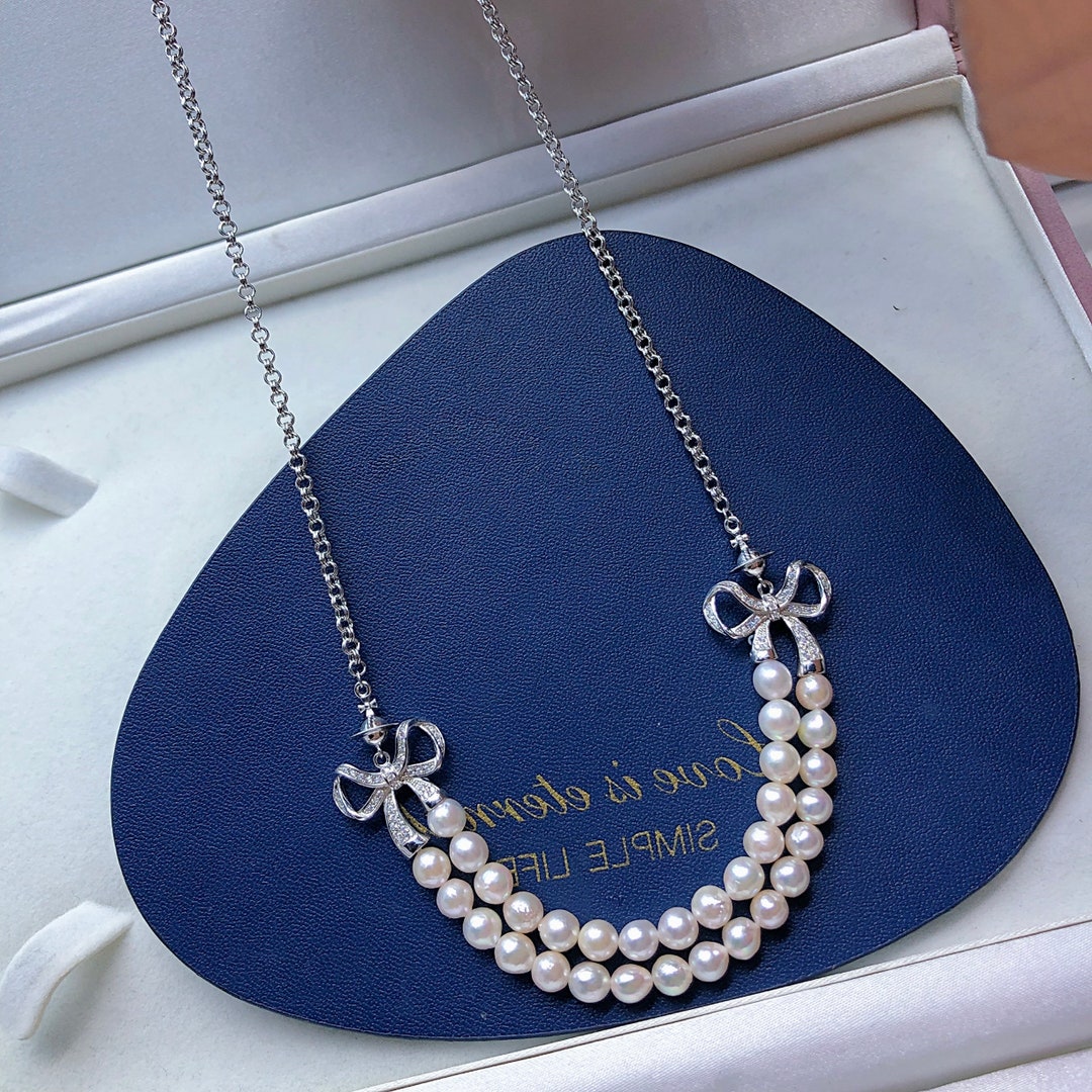 5mm-6mm Akoya White Pearls Beaded Double Layers Smile Necklace High ...