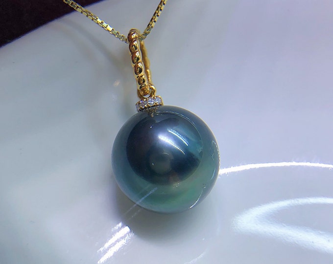 12.1mm Big Tahitian Green Pearl Pendant Intense Green Color 18k Yellow ...