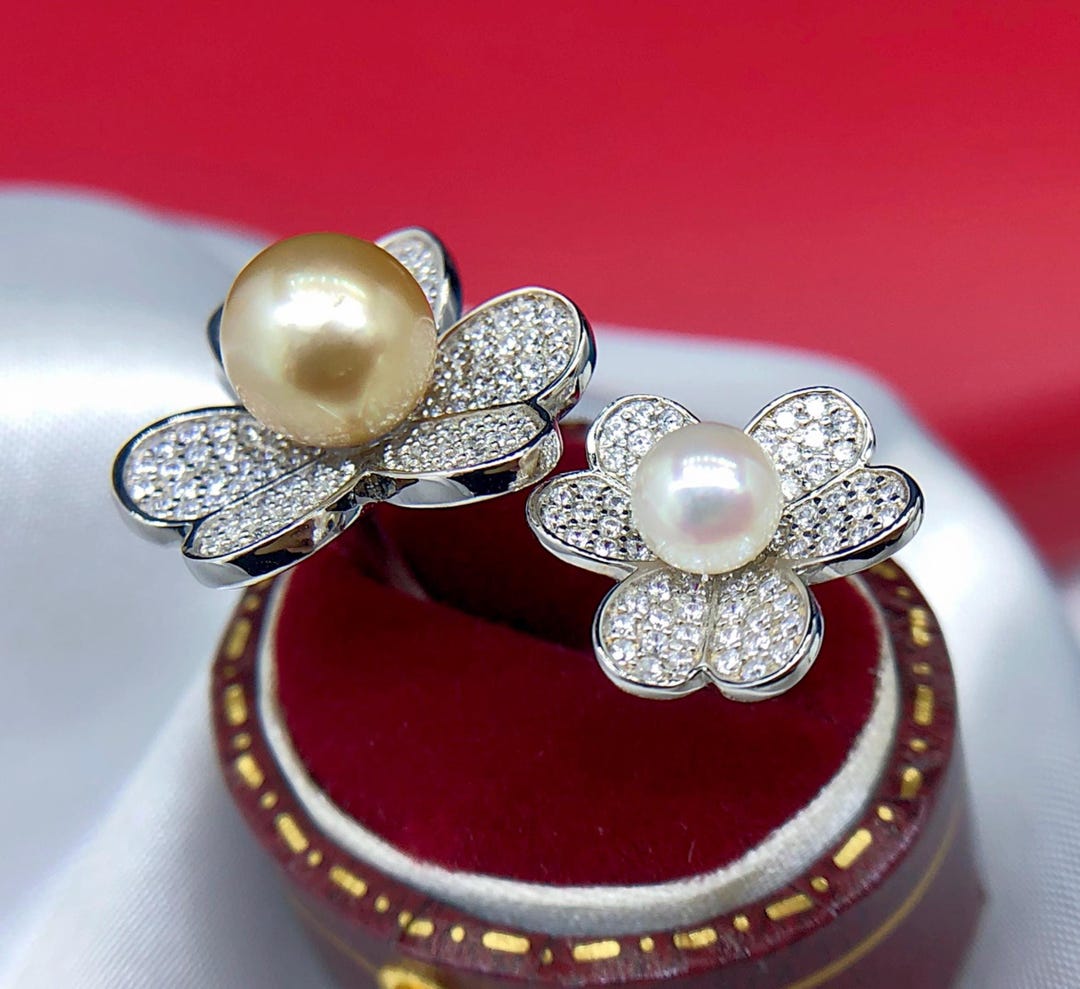 5mm-8.5mm Double Pearls Ring South Sea Golden Pearl Akoya White Pearl ...