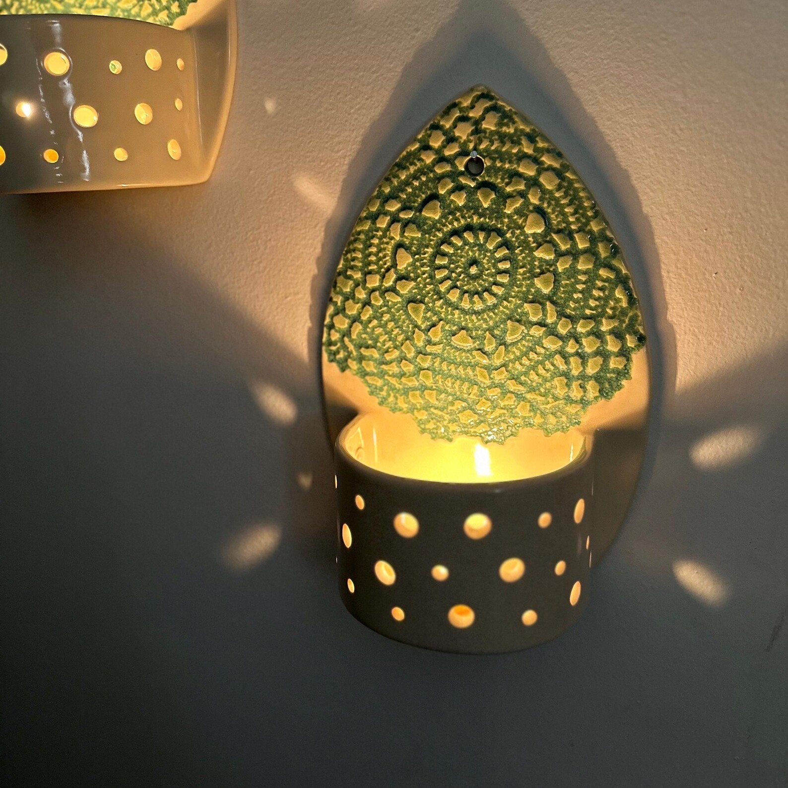 Handmade Ceramic Wall Sconce: Teal Doily Design, Farmhouse Decor - Etsy