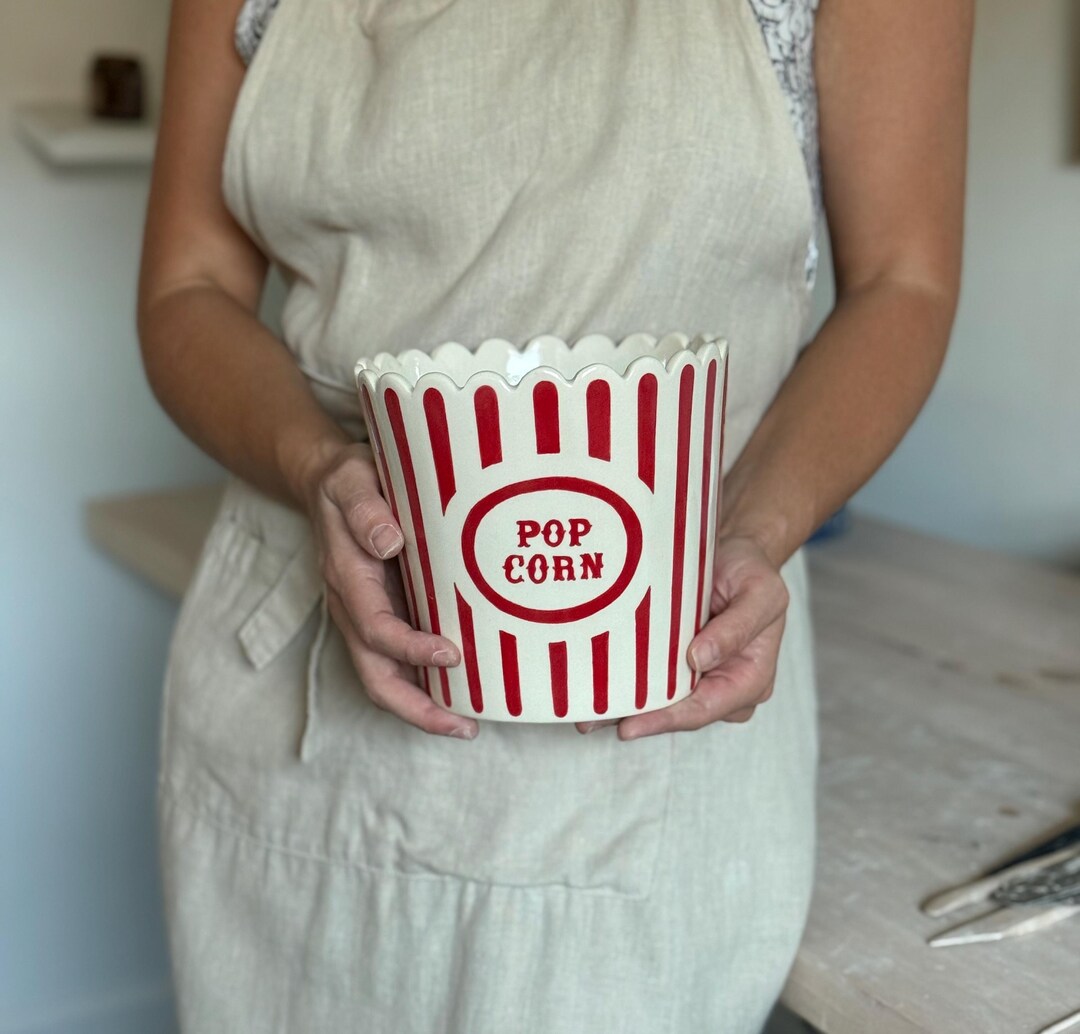 Handmade Red Stripe Stoneware Popcorn Bowl, Retro Ceramic Snack Bucket ...