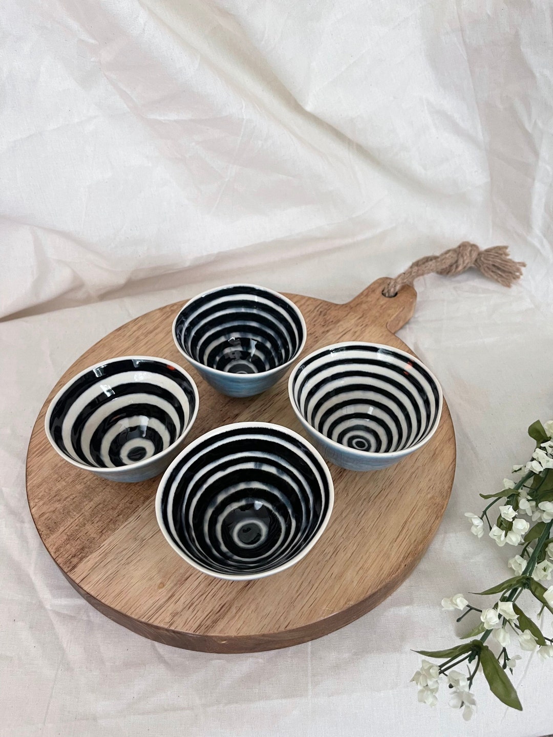Porcelain Striped Small Dipping Bowls Mismatched Black and White ...