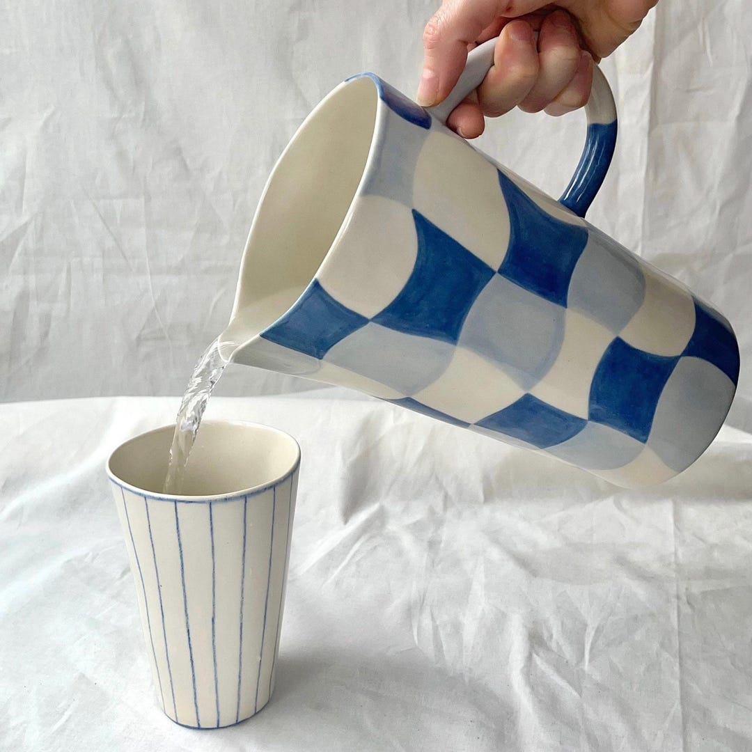 50 Oz - 1.5 L Handmade Wavy Checkered Blue and White Clay Jug Ceramic ...