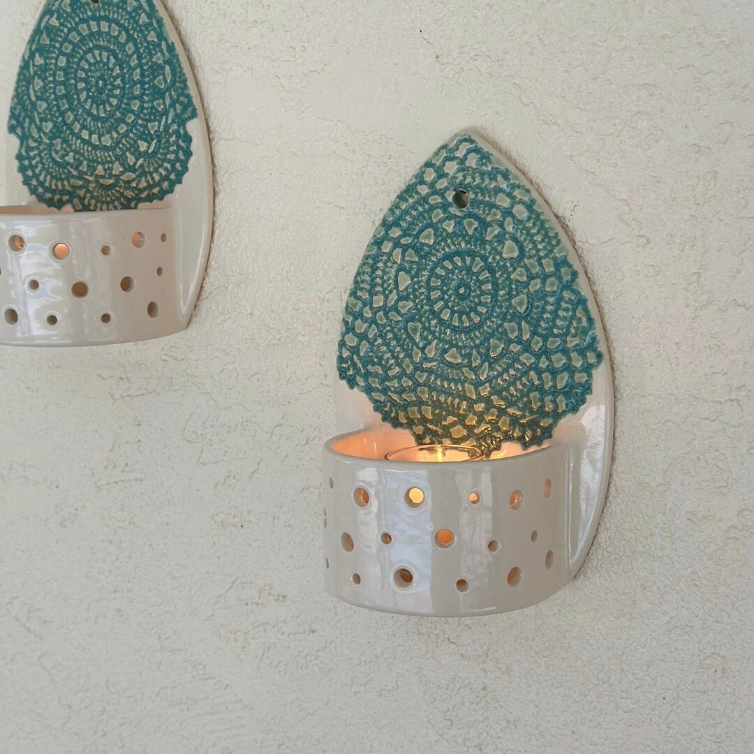 Handmade Ceramic Wall Sconce: Teal Doily Design, Farmhouse Decor - Etsy