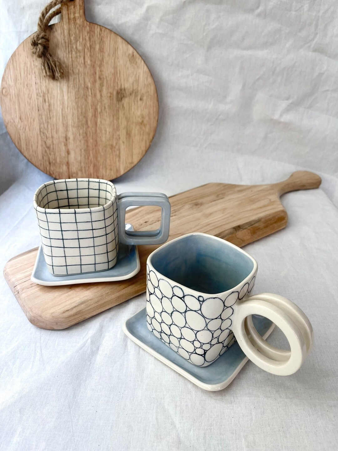 13.5oz 395ml Porcelain Pencil Lines Square Mugs & Saucers - Etsy