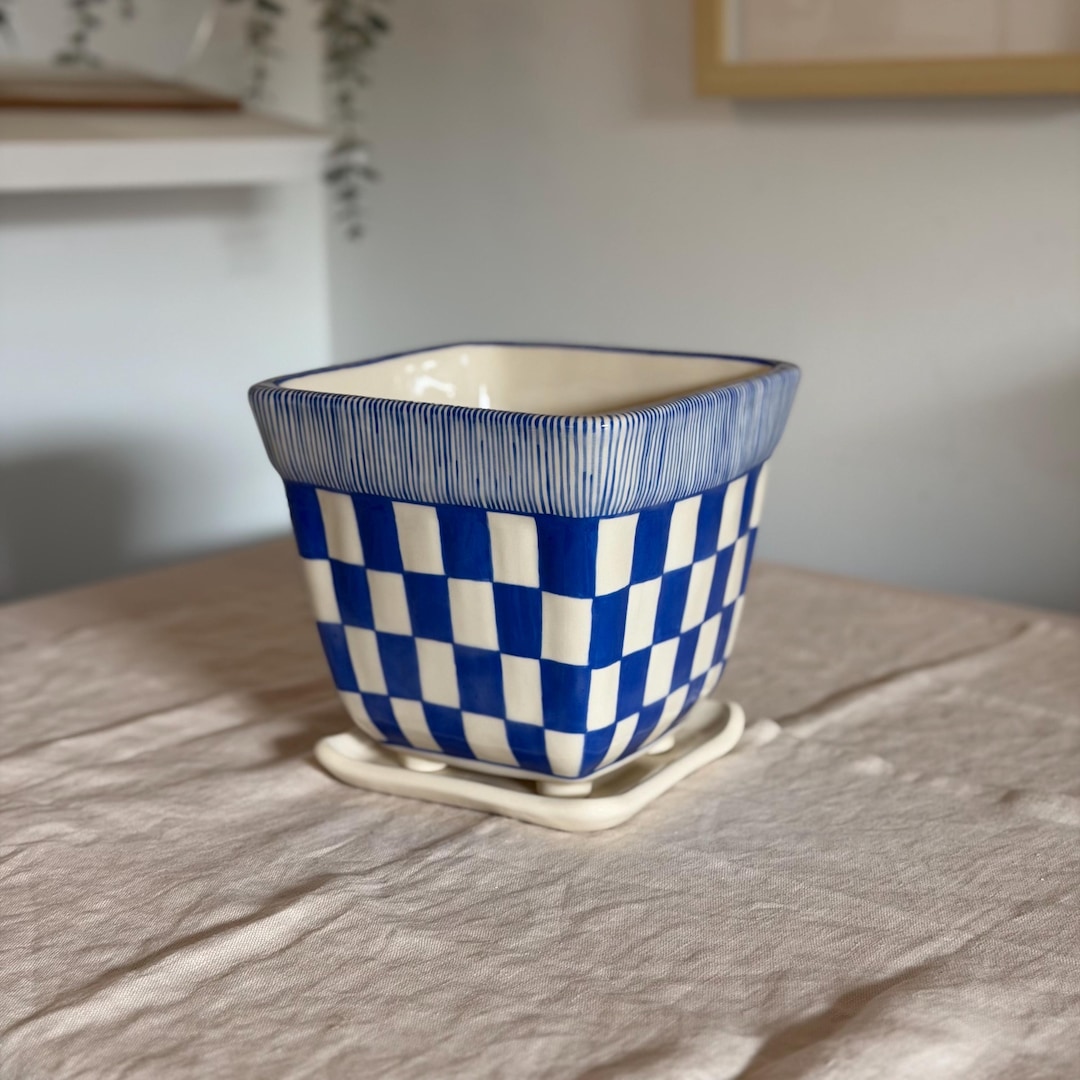 Ceramic Checkered Planter Unique Clay Plant Pot With Drainage Hole - Etsy