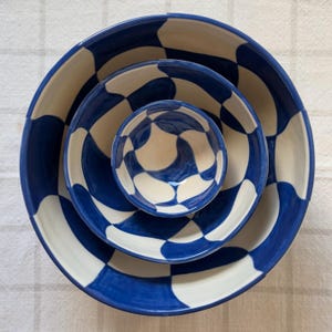 Blue Checkered Ceramic Nesting Bowl Set Large Stoneware Salad Serving ...