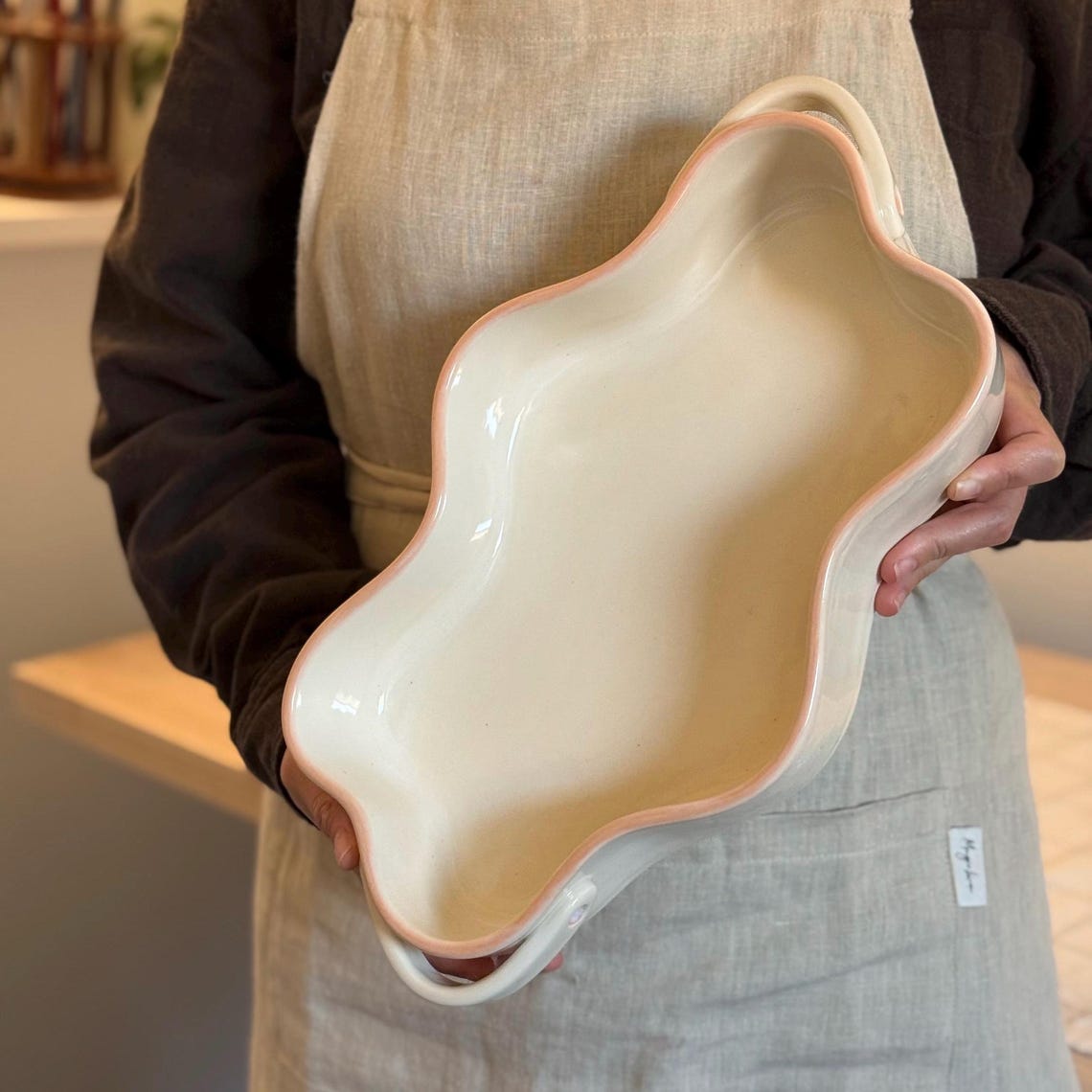 Stoneware Baking Dish White Wavy Aesthetic Handmade Pottery Fruit Bowl ...