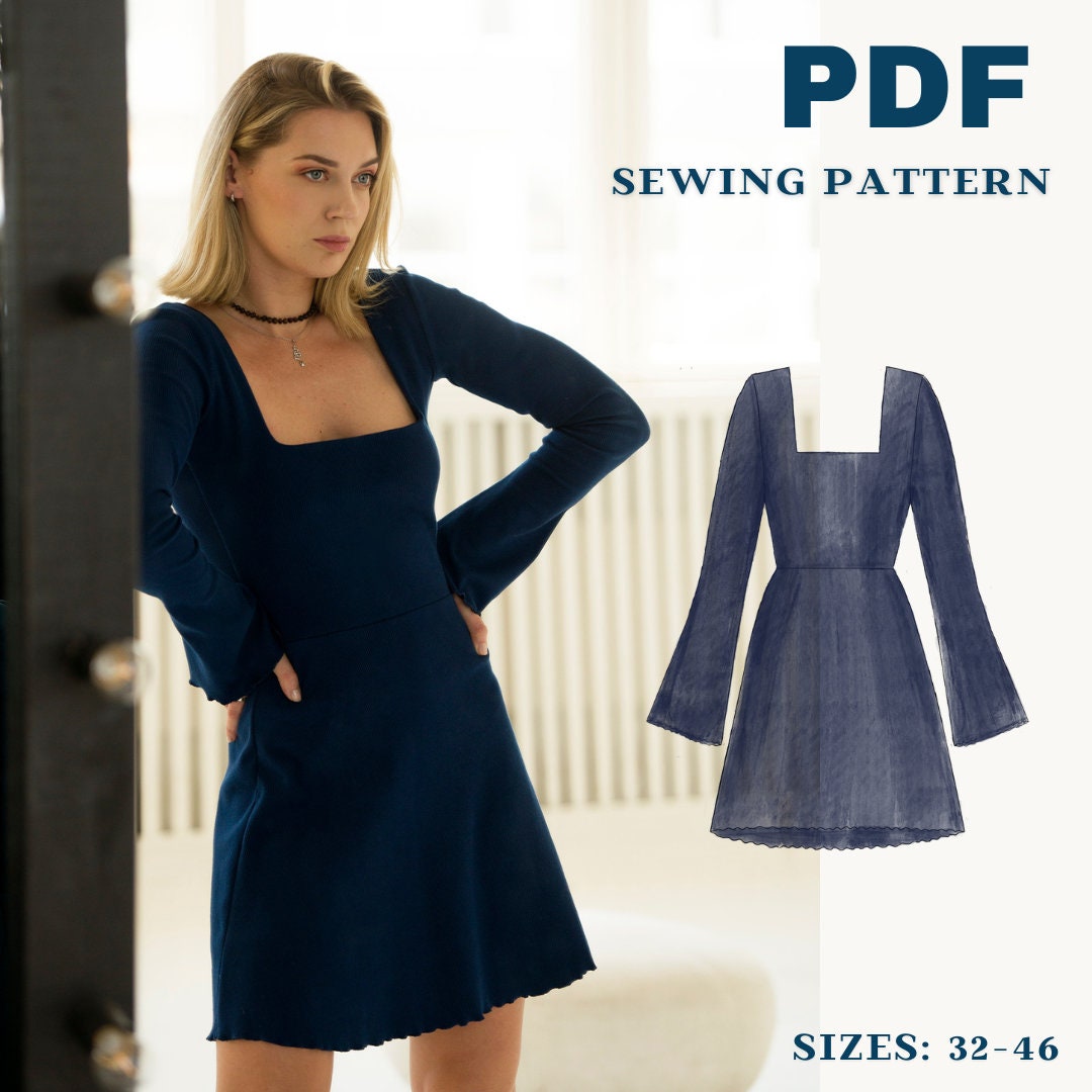 A Line Dress With Wide Sleeves and Square Neck Pdf Sewing Pattern ...