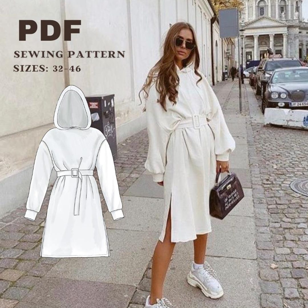 Hoodie Dress PDF Sewing Pattern, Oversize Long Dress With Belt Sewing ...