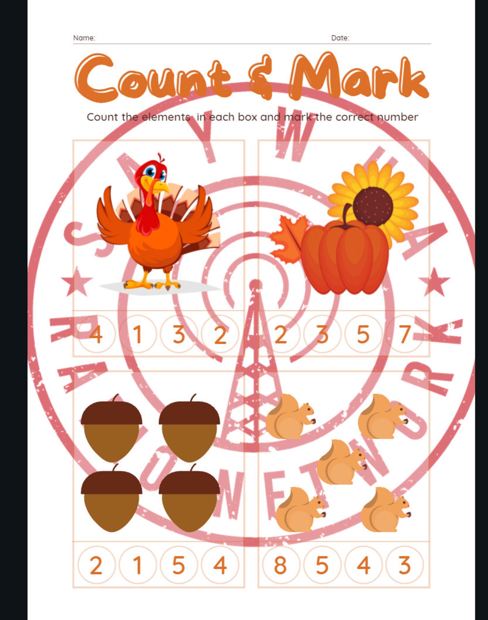 Printable Autumn - Count & Match Worksheet 3 Pages | Pre-k to 1st Grade ...