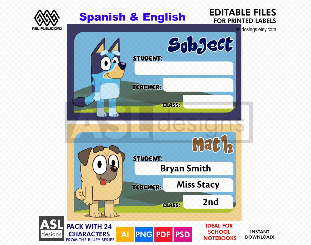 BLUEY School Labels, Editable Template, Illustrator, Photoshop, Pack 24 ...