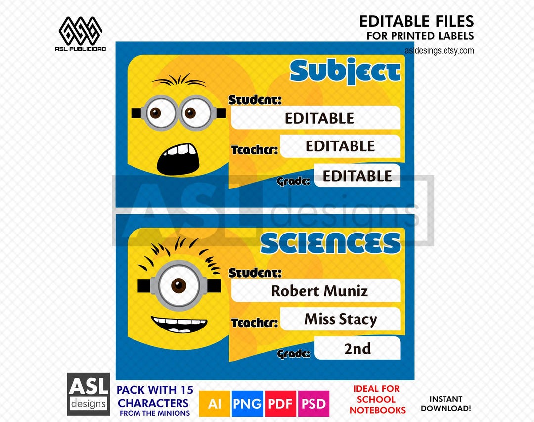 MINIONS School Labels, Editable Template, Illustrator, Photoshop, Pack ...