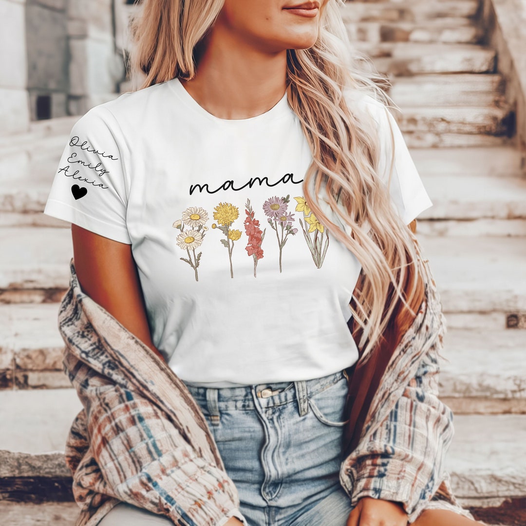 Custom Mama Birth Month Flower Shirt With Kids Names on Sleeve Gift for ...