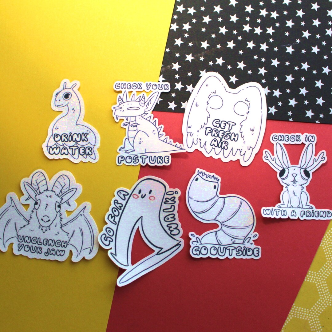 Cryptid Self Care Reminder 7 Sticker Pack Black & White - Etsy